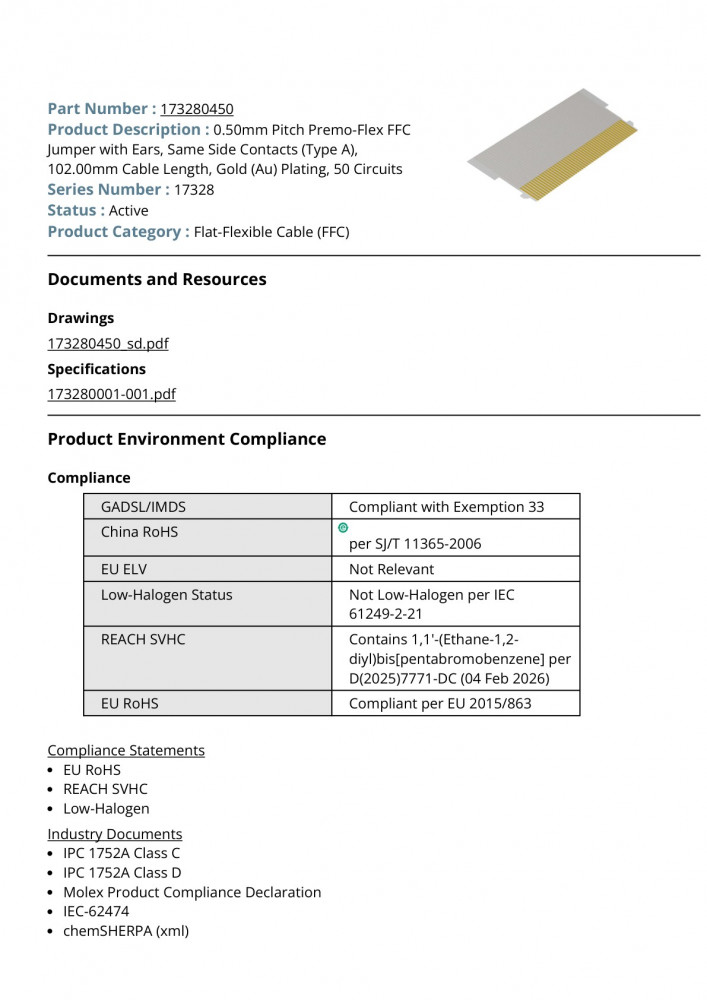 Technical document page 1 for MOLEX 173280450
