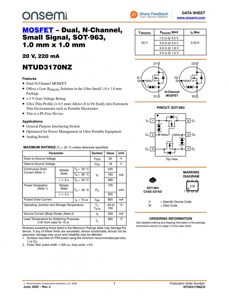 NTUD3170NZT5G datasheet page 1