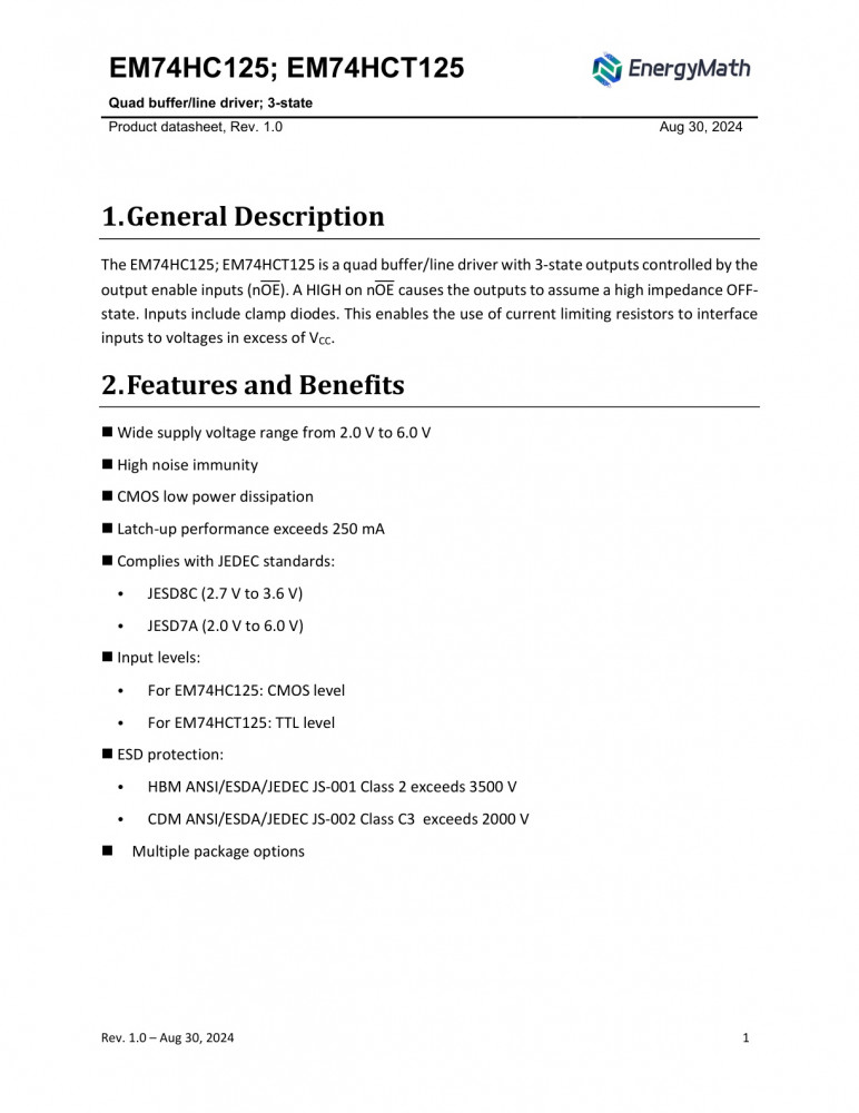 EM74HCT125PW datasheet page 1