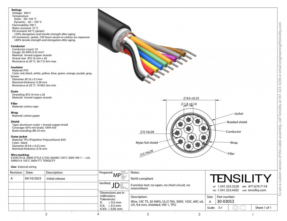 Tensility International 30-03053 cable specification drawing