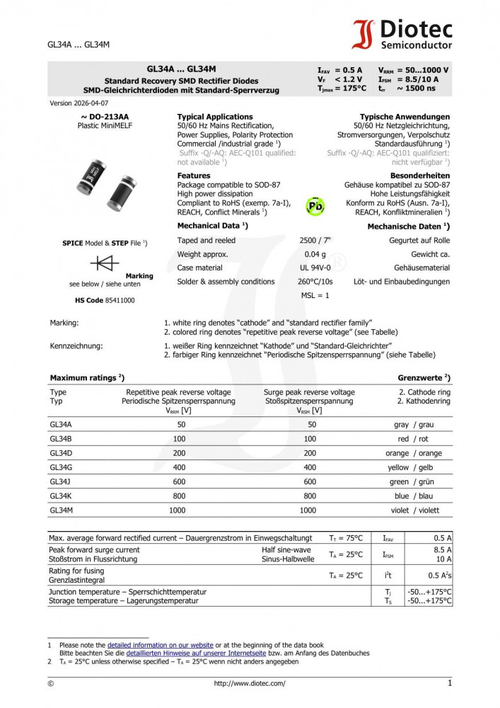 DIOTEC GL34 series datasheet page 1