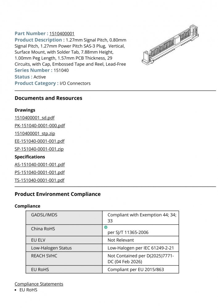 Molex 151040 specification page preview 1