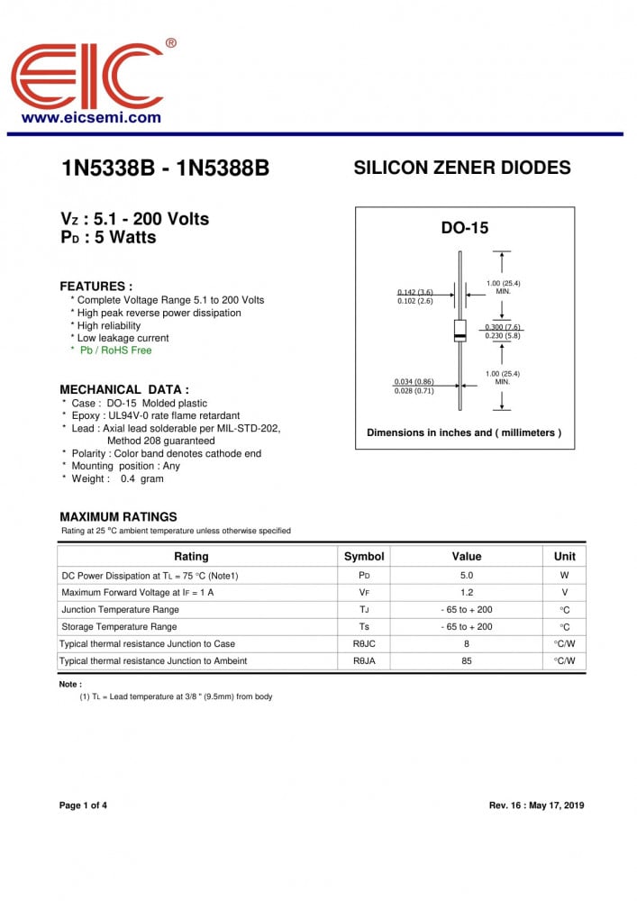 EIC 1N5353B datasheet page 1