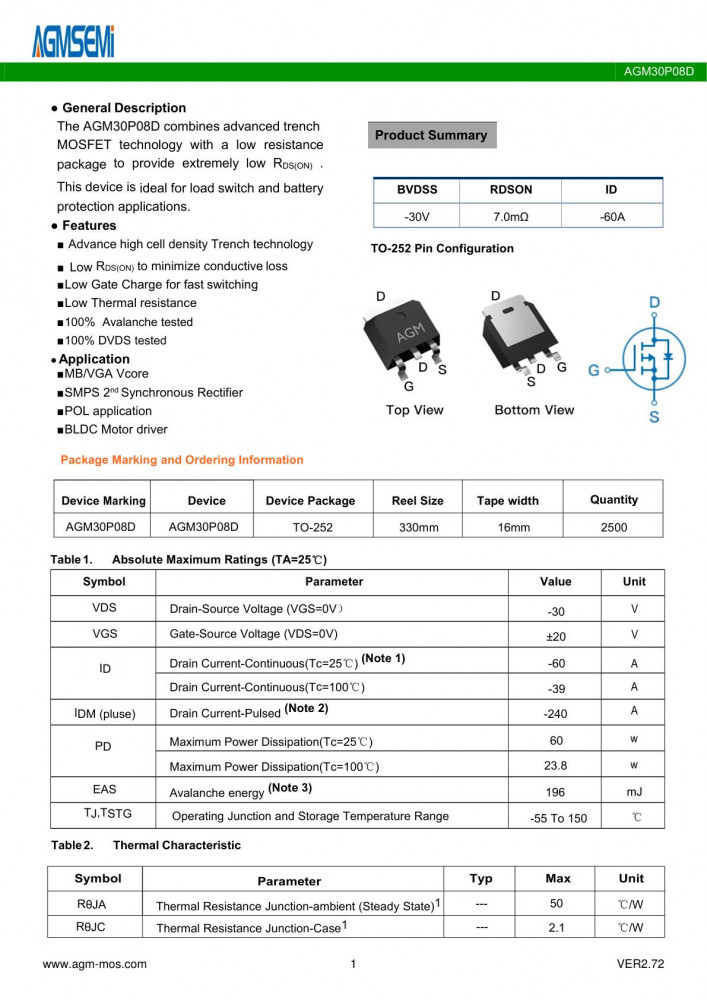 AGM30P08D datasheet page 1