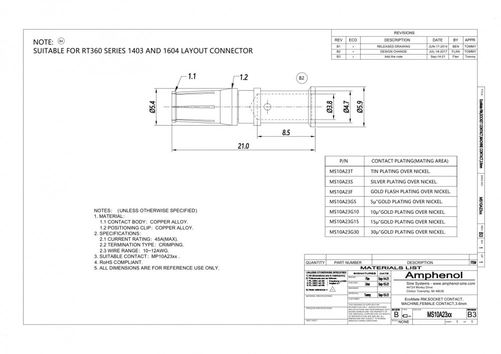 Amphenol MP10A23S technical drawing preview