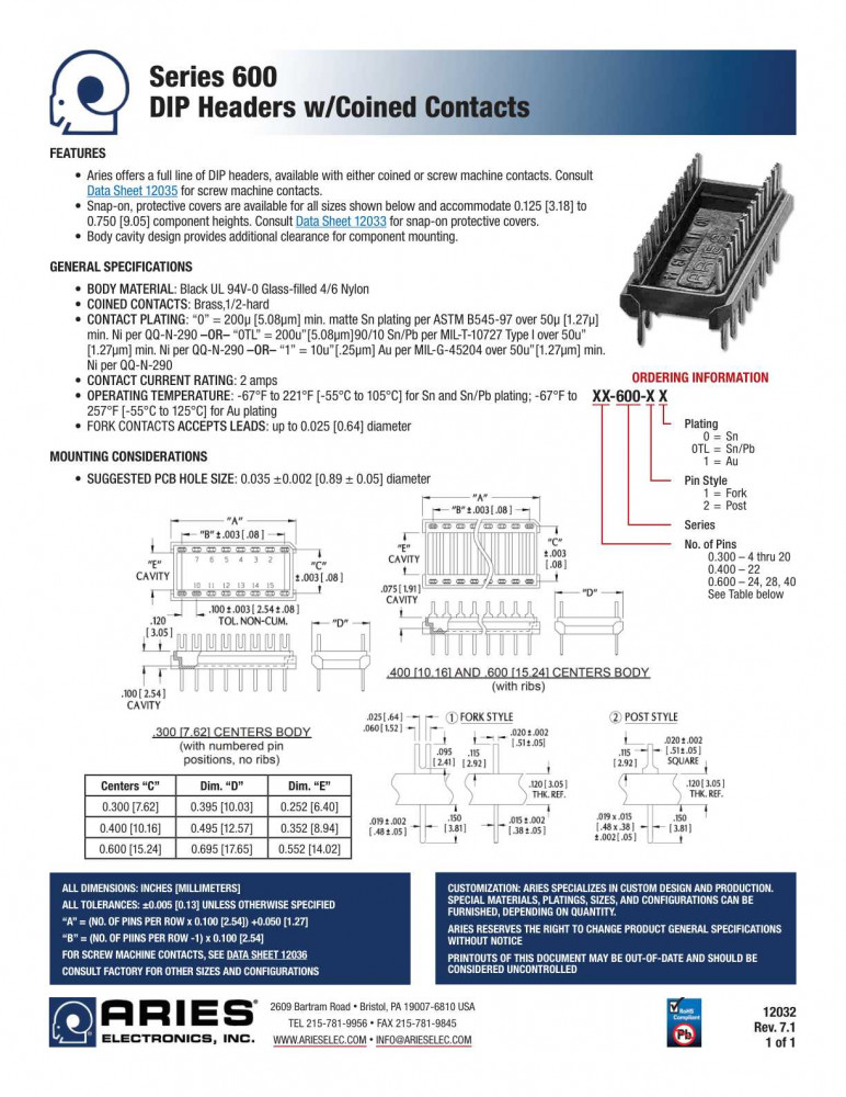 Aries 10-600-10 technical drawing and specification page
