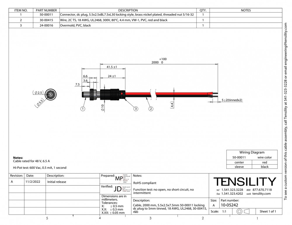 Tensility International 10-05242 product drawing showing cable assembly details