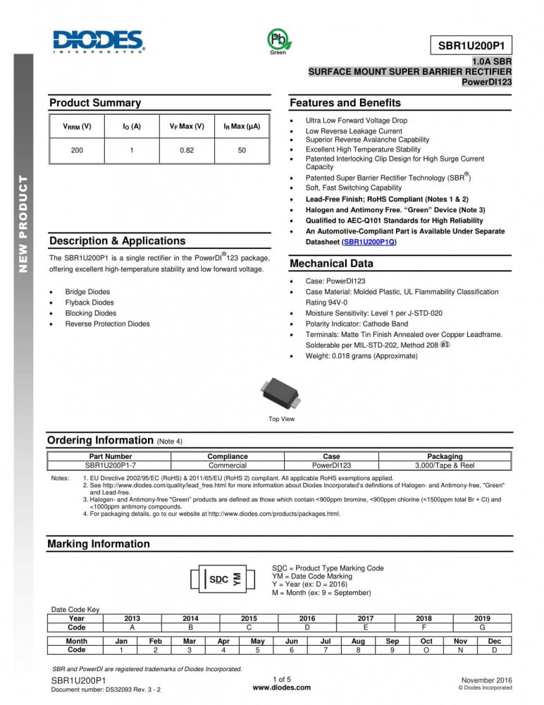 SBR1U200P1-7 datasheet page 1