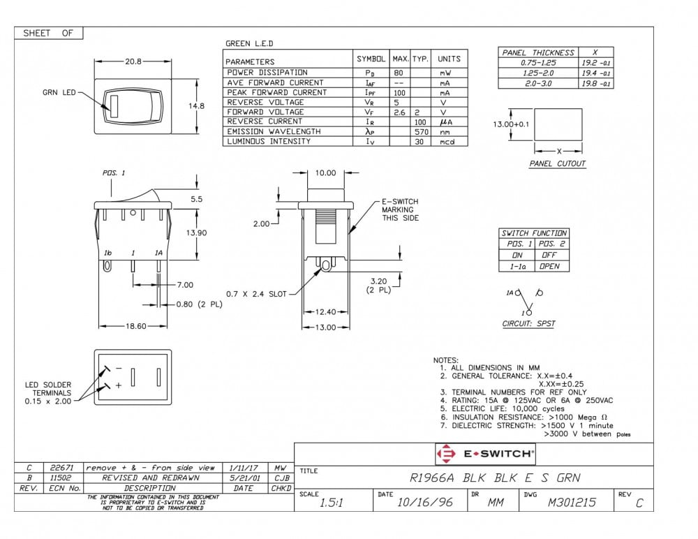E-Switch R1966ABLKBLKESGRN technical drawing