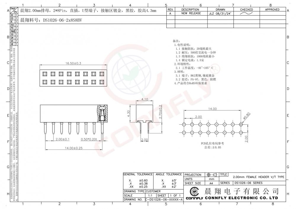 CONNFLY Elec DS1026-06-2x8S8BV product drawing preview