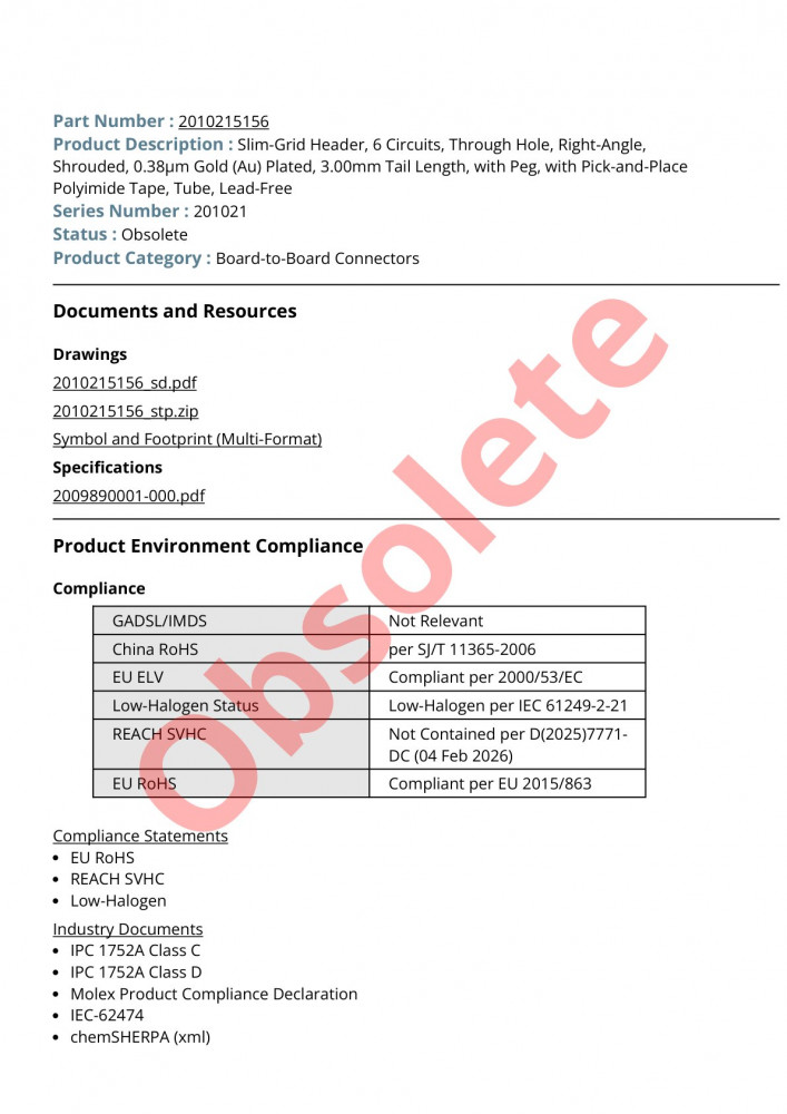 MOLEX 2010215156 product drawing preview, page 1