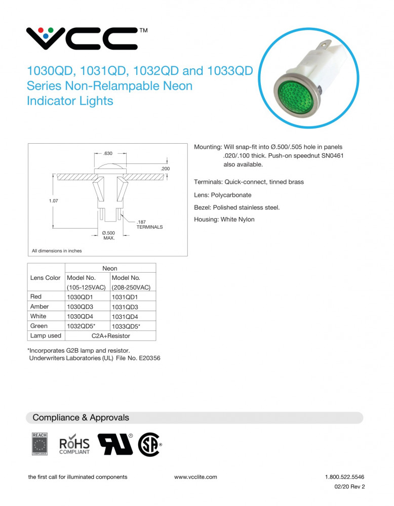 VCC 1030QD series non-relampable neon indicator documentation