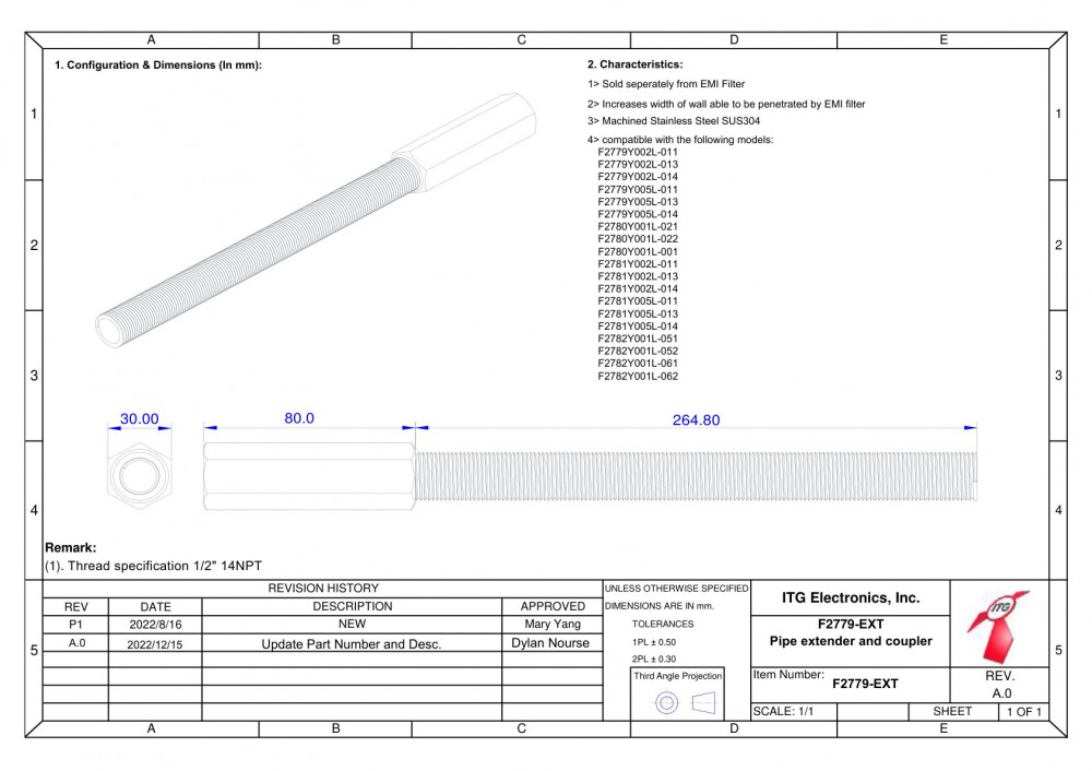 F2779-EXT pipe extender and coupler product drawing