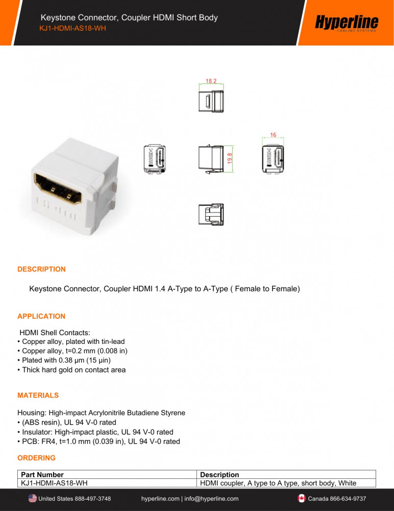 Hyperline KJ1-HDMI-AS18-WH technical document