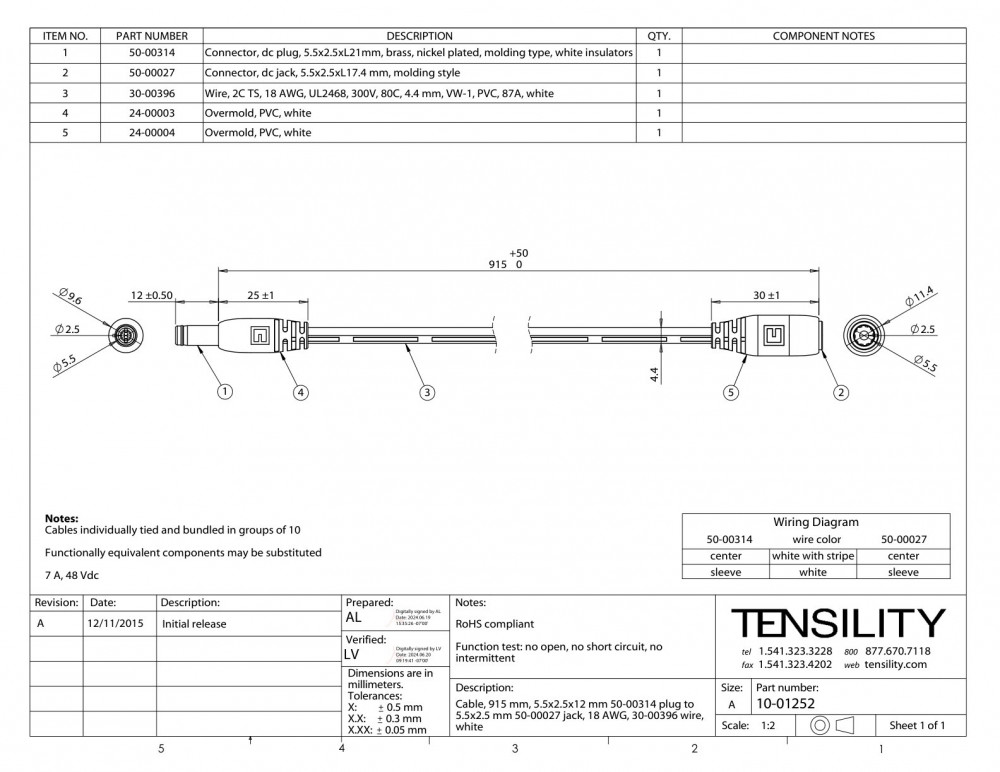 Tensility International drawing for DC barrel cable assembly 10-01252