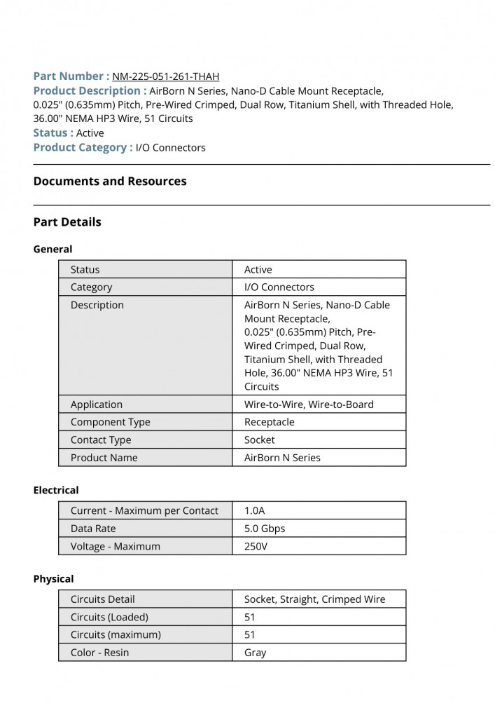 Technical document page 1 for NM-225-051-261-THAH