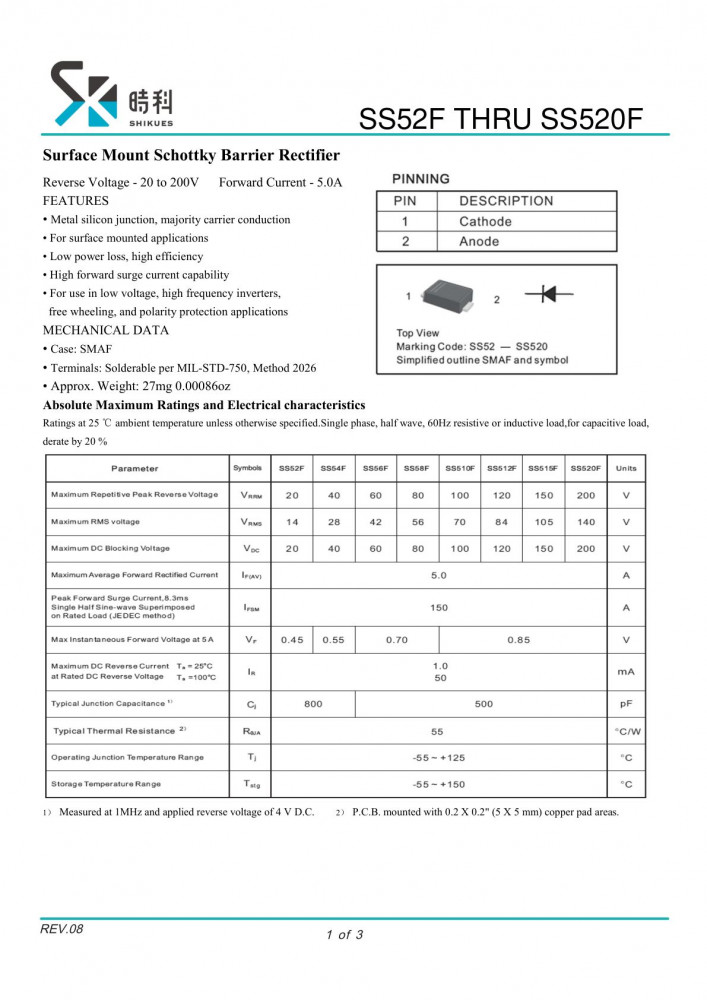 SS52F datasheet page 1