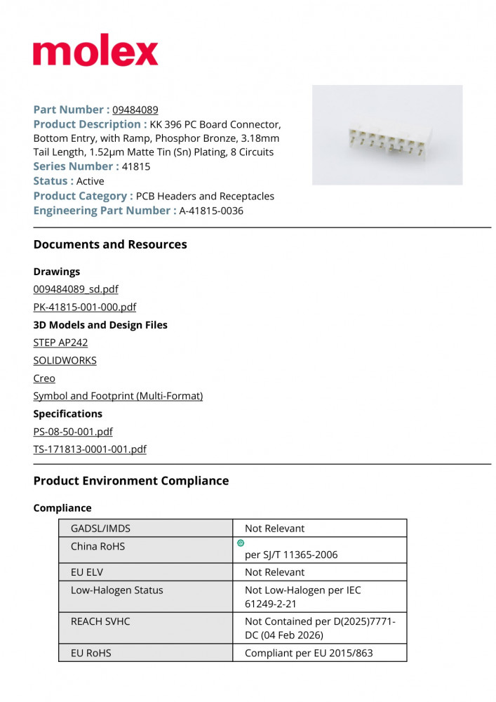 MOLEX KK 396 specification page 1