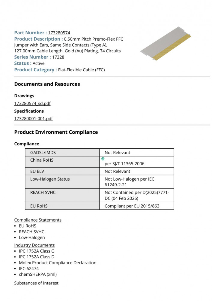 MOLEX 173280574 technical drawing image, page 1