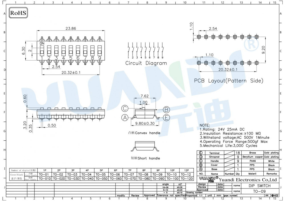 YUANDI TO-09 DIP switch technical drawing