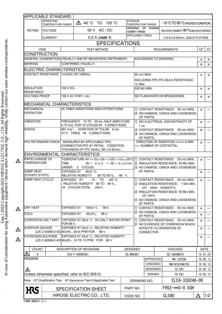 HRS FH52-28S-0.5SH specification sheet page 1