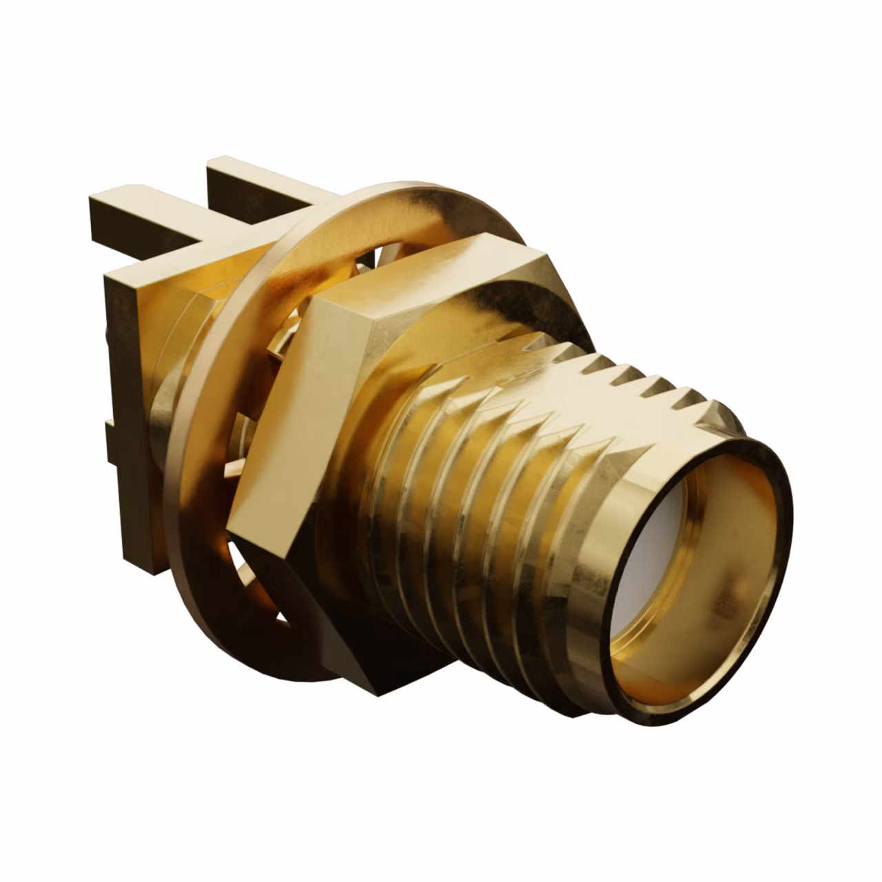 SMA Jack, Straight, PCB Receptacle, Edge Mount, Brass Body, Gold (Au) Plated, Nut and Lockwasher Included, Tray, 50 Ohms for sale