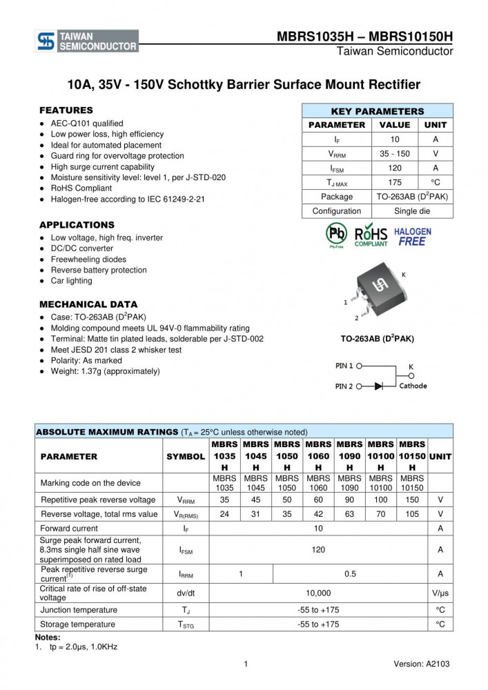 MBRS10100H datasheet page 1