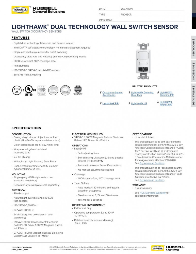 LightHAWK dual technology wall switch sensor document page 1