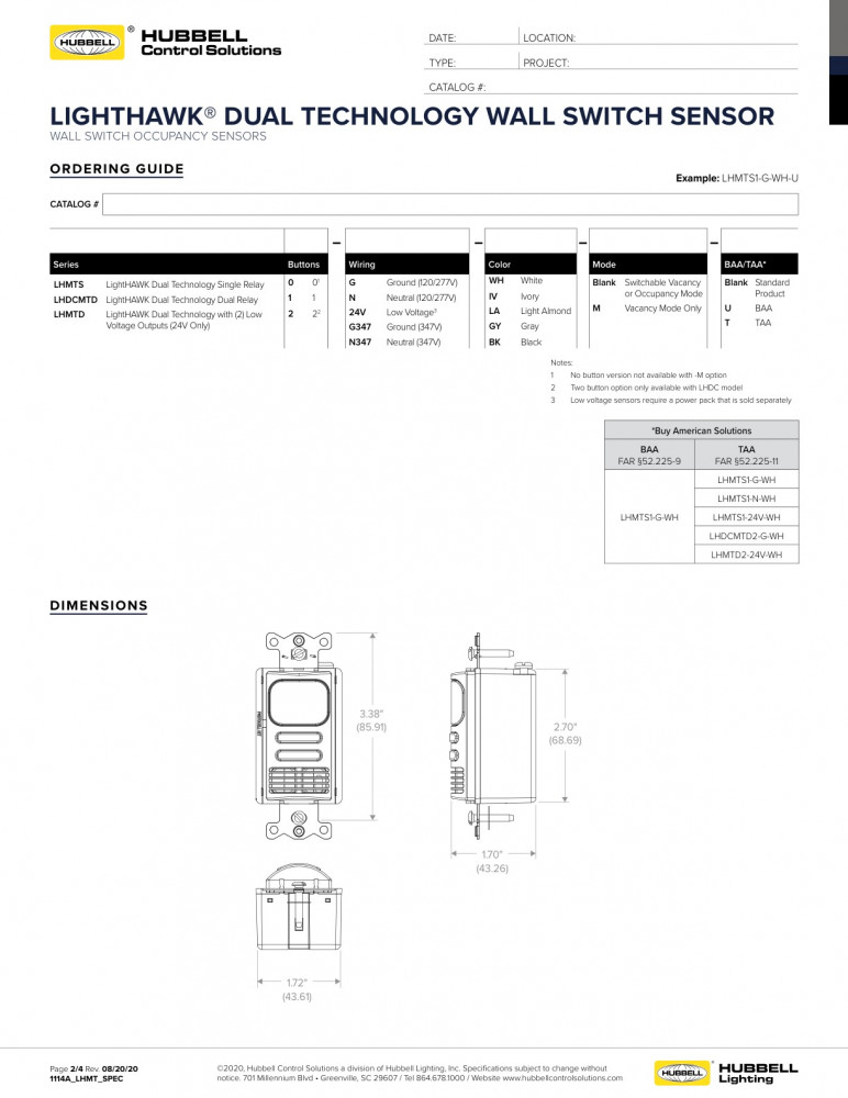 LightHAWK dual technology wall switch sensor document page 2