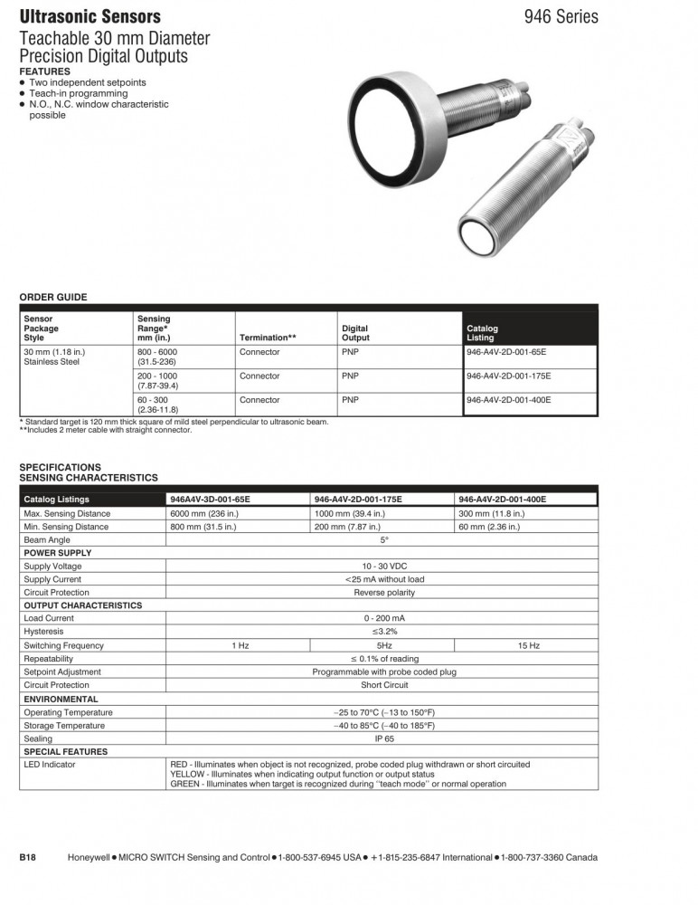 Honeywell ultrasonic sensor catalog page 2