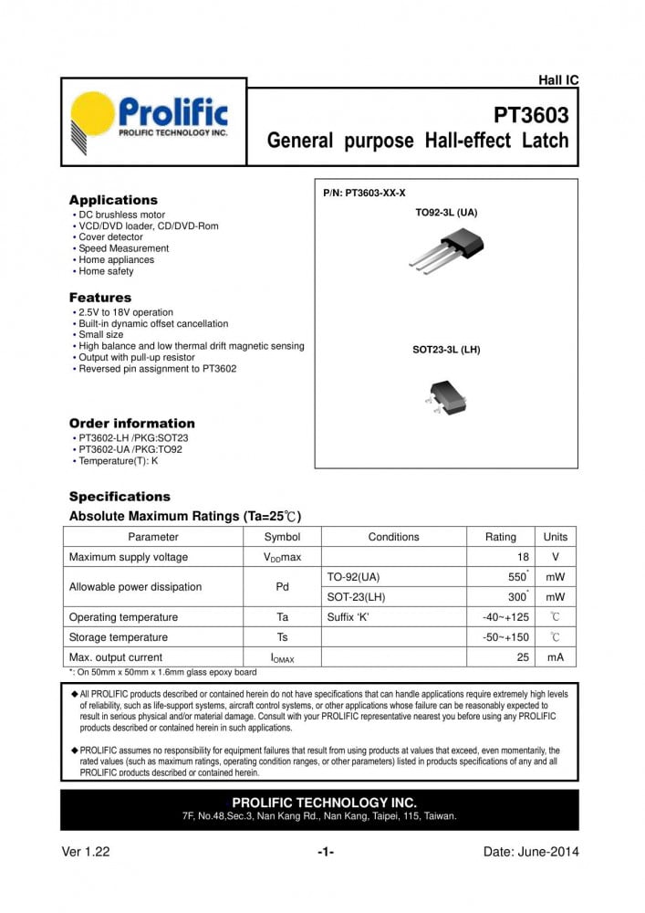 PT3603 technical document page 1