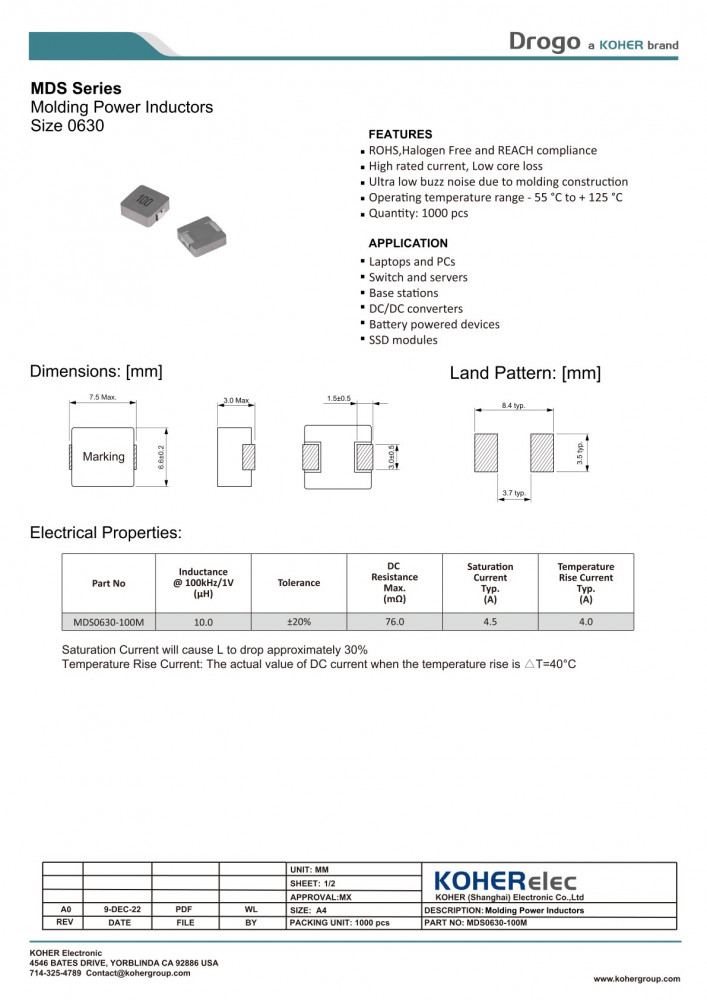 KOHERelec MDS0630-100M datasheet page 1