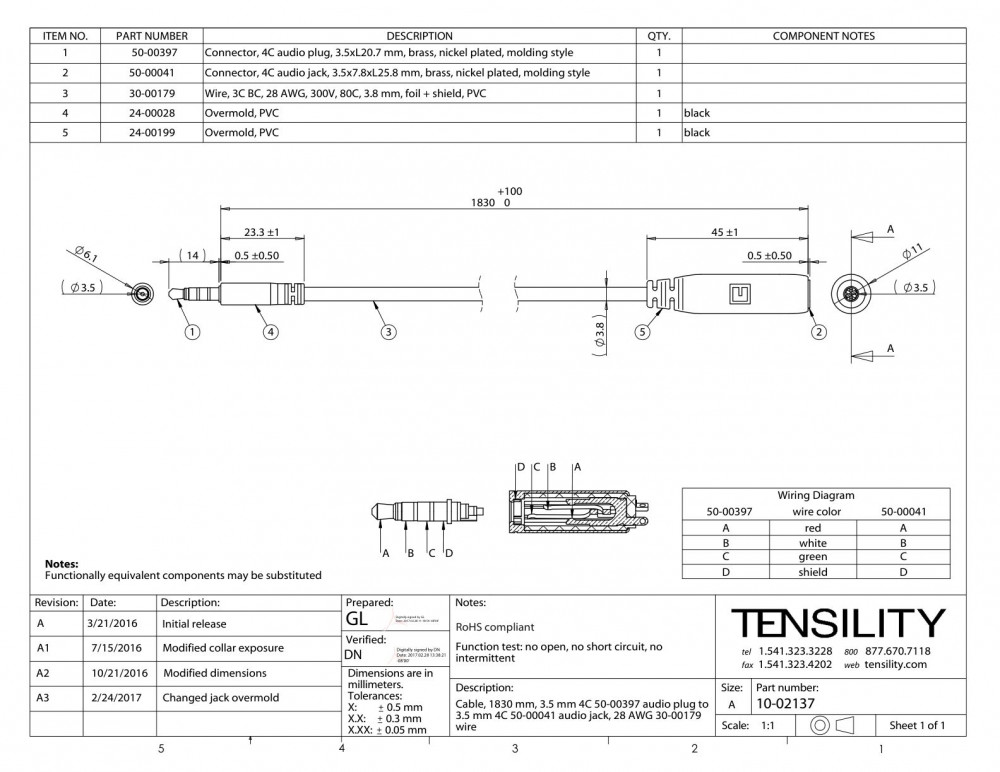Tensility International 10-02137 cable assembly drawing