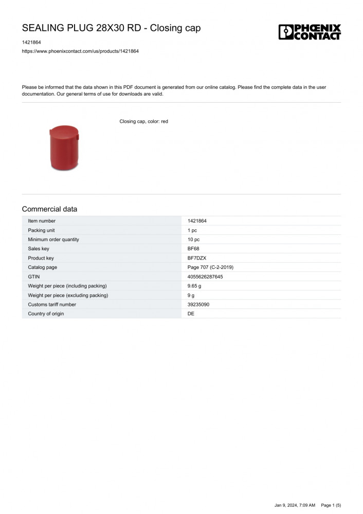 Phoenix Contact 1421864 product documentation page 1
