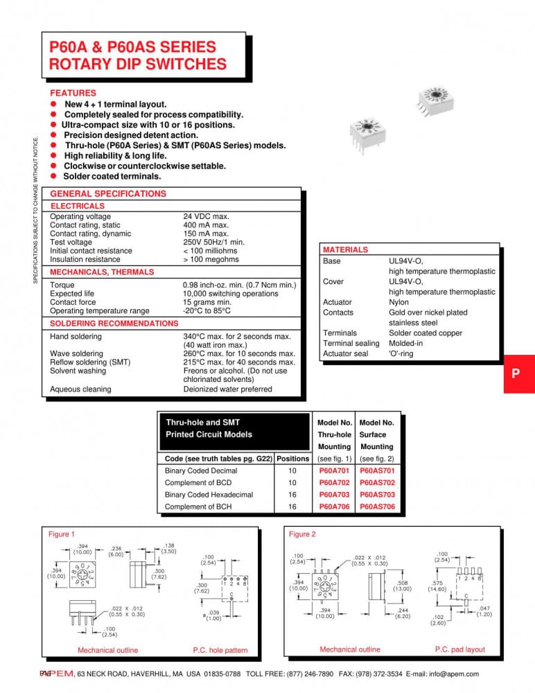 APEM P60A701 datasheet page 1