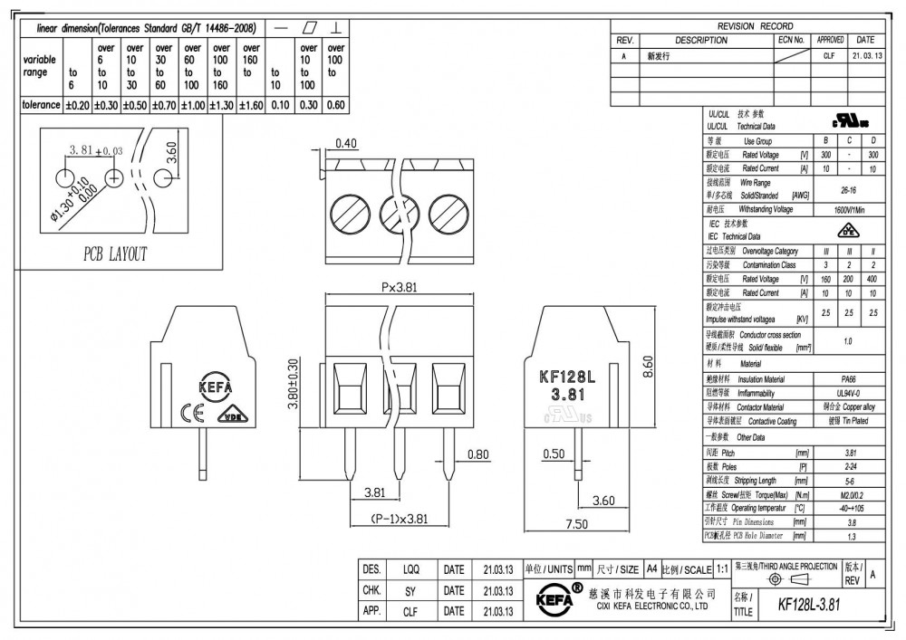 KF128L-3.81 technical drawing and specification page