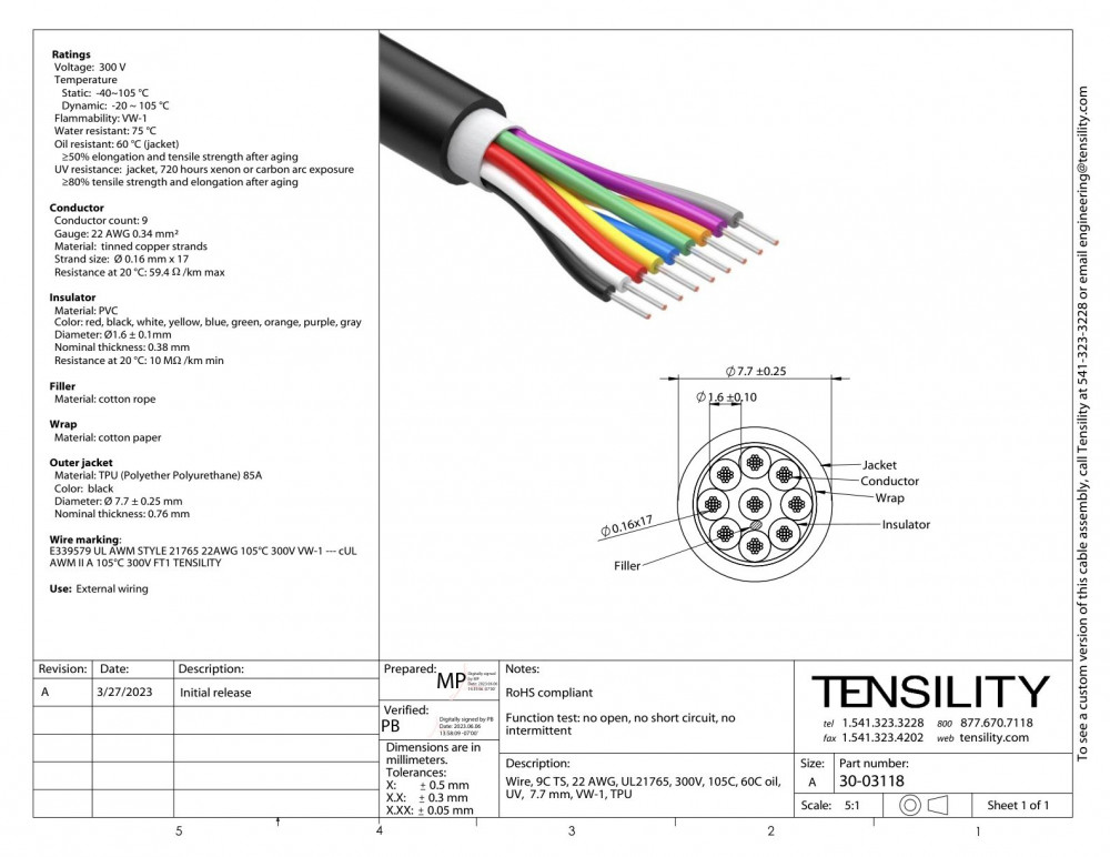 Tensility International 30-03118 cable product drawing