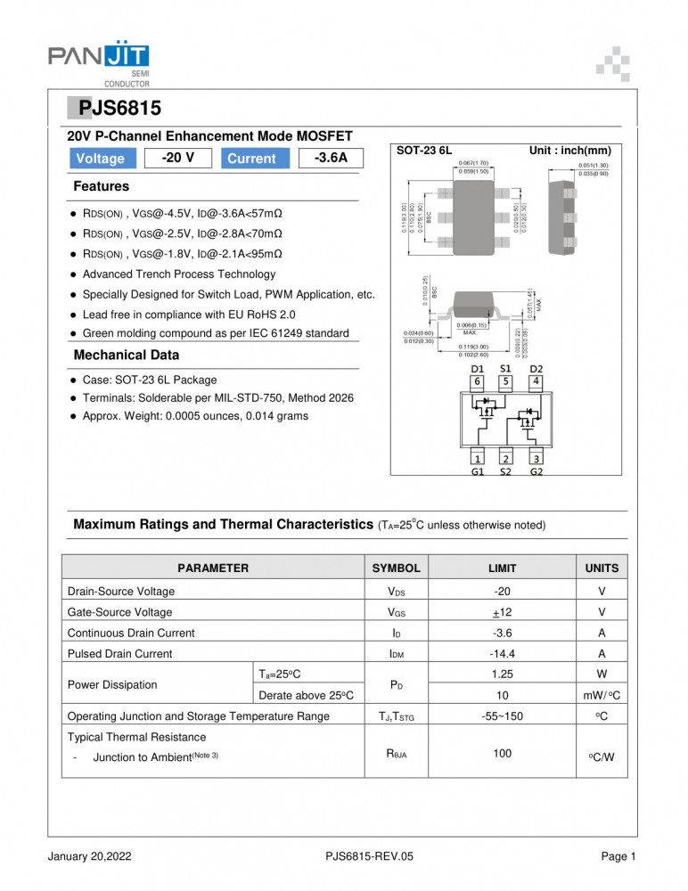 PJS6815 datasheet page 1