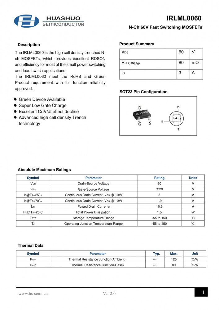 IRLML0060 datasheet page 1