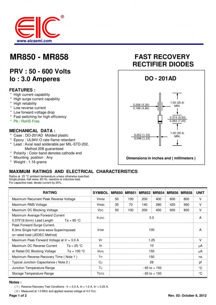 EIC MR854BULK datasheet page 1