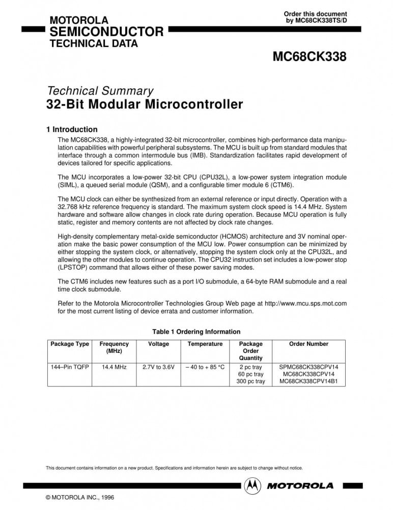 MC68CK338 technical document page 1