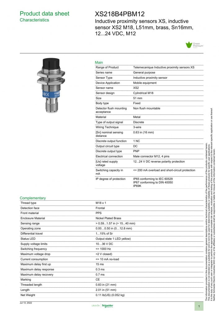 XS218B4PBM12 technical document page 1