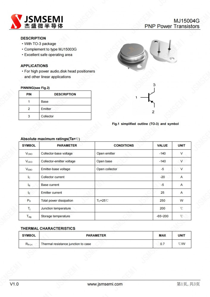 MJ15004G-JSM technical document page 1