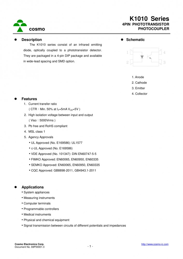 Cosmo K1010 datasheet page 1