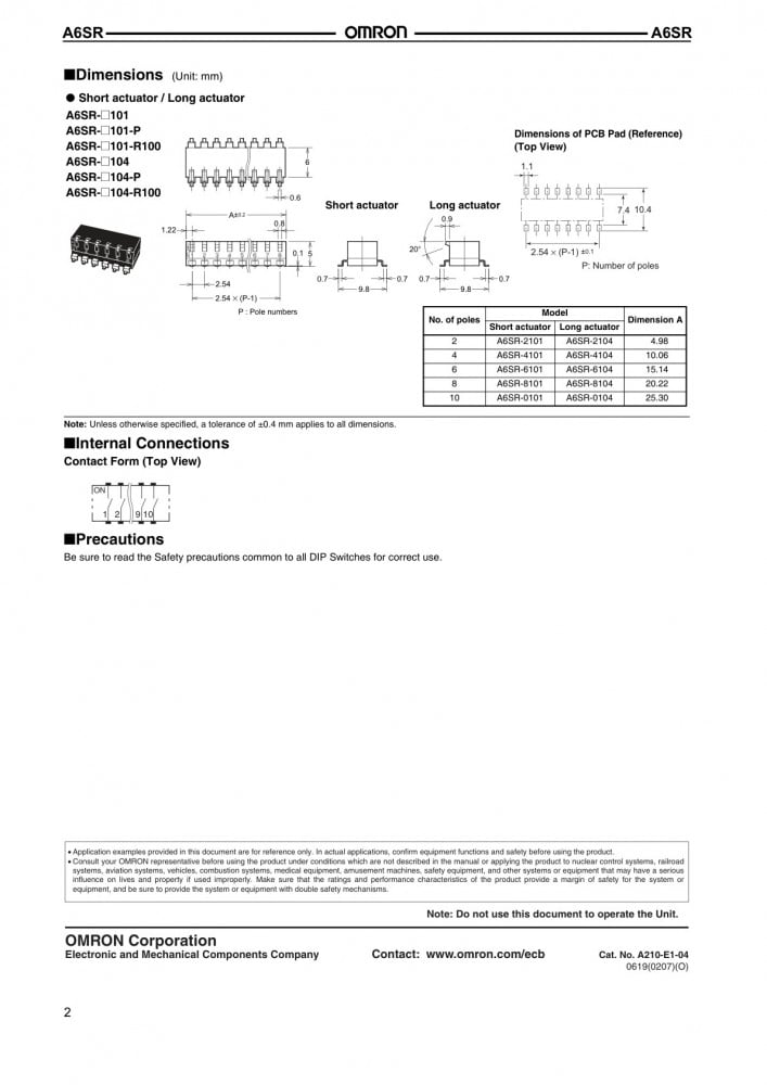 OMRON A6SR series dimensions and connections