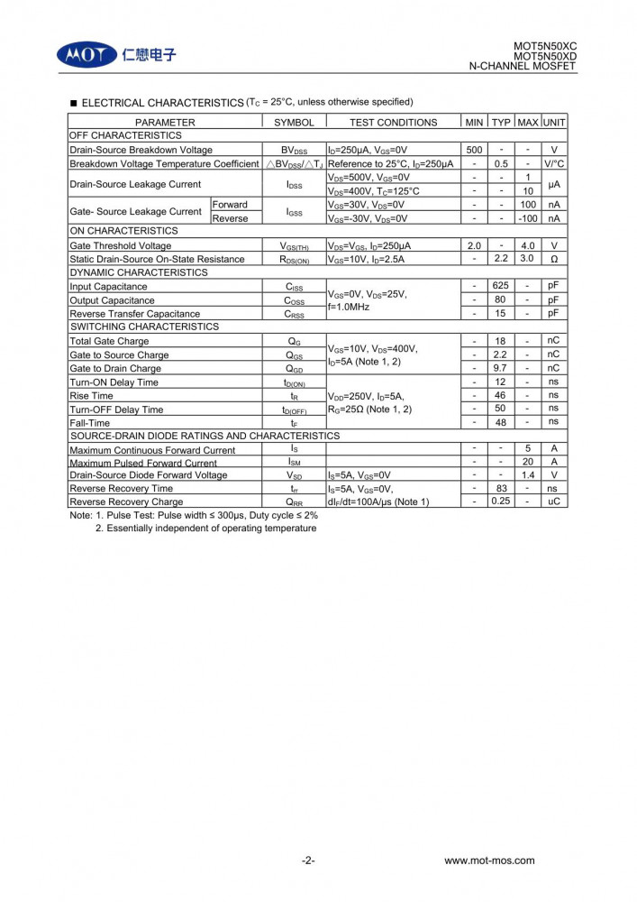 MOT5N50XD datasheet page 2