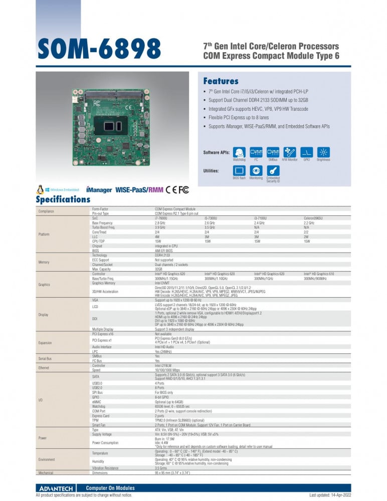 ADVANTECH SOM-6898 technical datasheet page 1