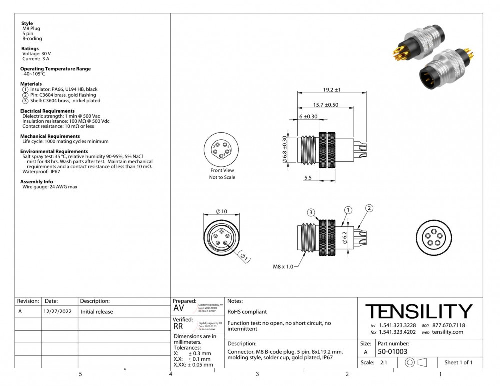 Tensility International 50-01003 M8 B-coded five-pin plug product drawing preview