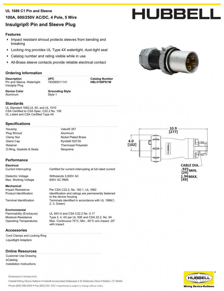 HBL5100PS1W product document image, page 1