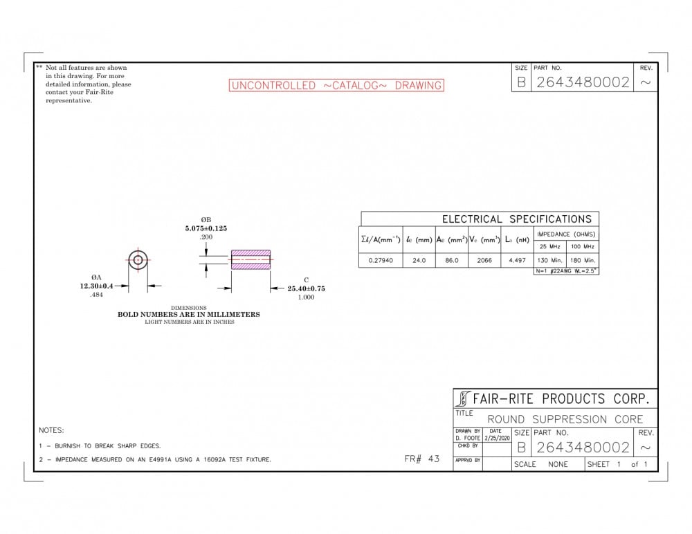 Fair-Rite 2643480002 technical document page